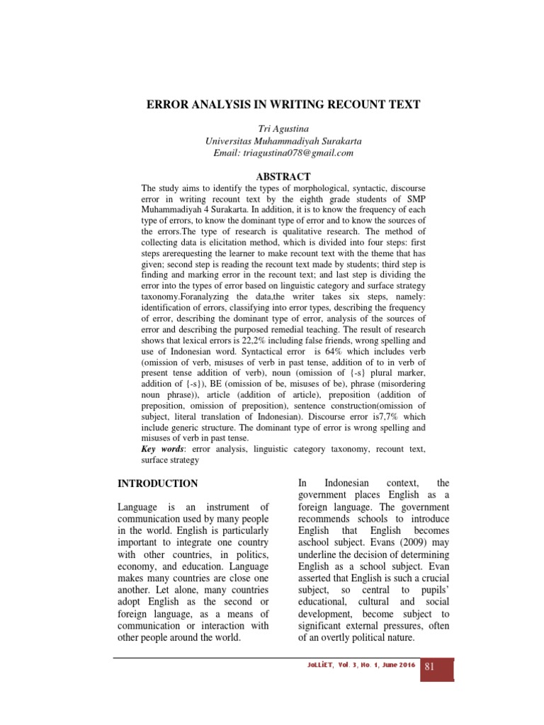 Error Analysis in Writing Recount Text: Tri Agustina Universitas Muhammadiyah Surakarta | PDF ...