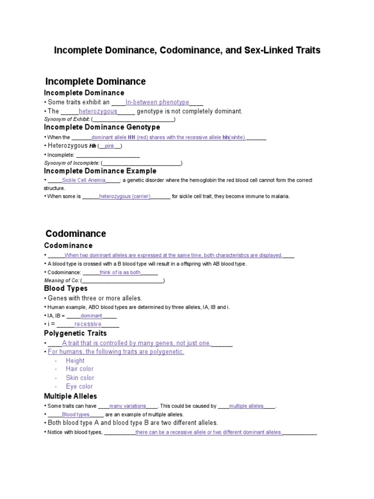 Incomplete Dominance, Codominance, and Sex-Linked Traits | PDF ...