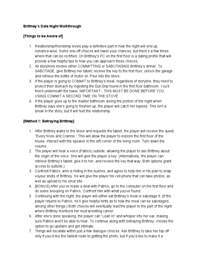 Brittney's Date Night Walkthrough Guide | PDF