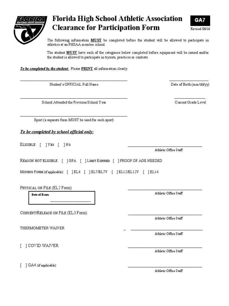 Florida High School Athletic Association Clearance For Participation ...