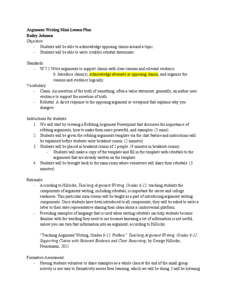 Argument Writing Mini-Lesson Plan | PDF | Argument | Epistemology