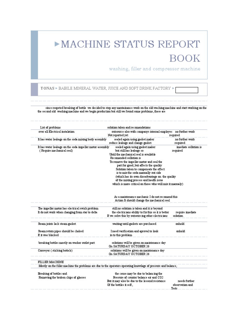 Machine Status Report Book: Washing, Filler and Compressor Machine ...