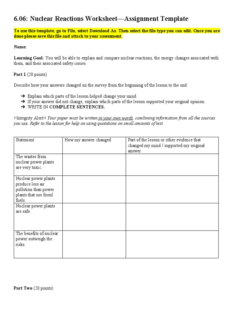 6.06: Nuclear Reactions Worksheet-Assignment Template | PDF | Science ...