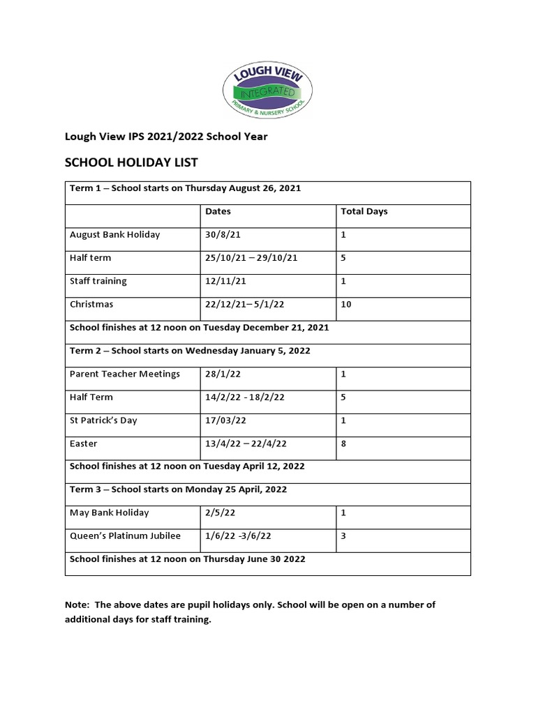 School Holiday List: Lough View IPS 2021/2022 School Year | PDF