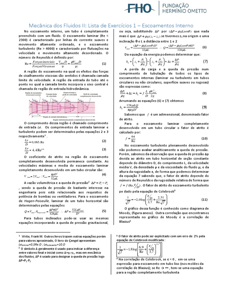 MecFlu II - Lista 1 - Escoamento Interno Rev1 | PDF | Mecânica dos fluidos | Coeficiente de Reynolds