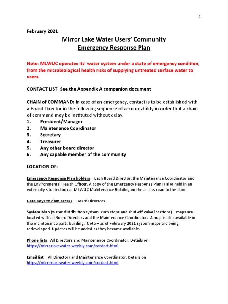 Emergency Response Plan 2-2021 | PDF | Emergency | Water