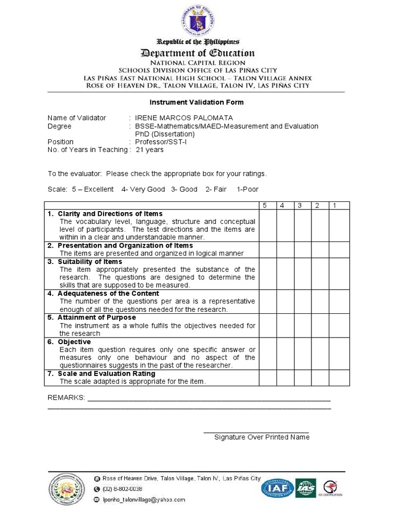 Research Instrument Validation Form | PDF | Survey Methodology ...