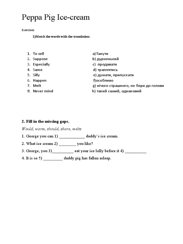 Peppa Pig Ice-cream Exercises: A Matching and Gap-Fill Activity on ...