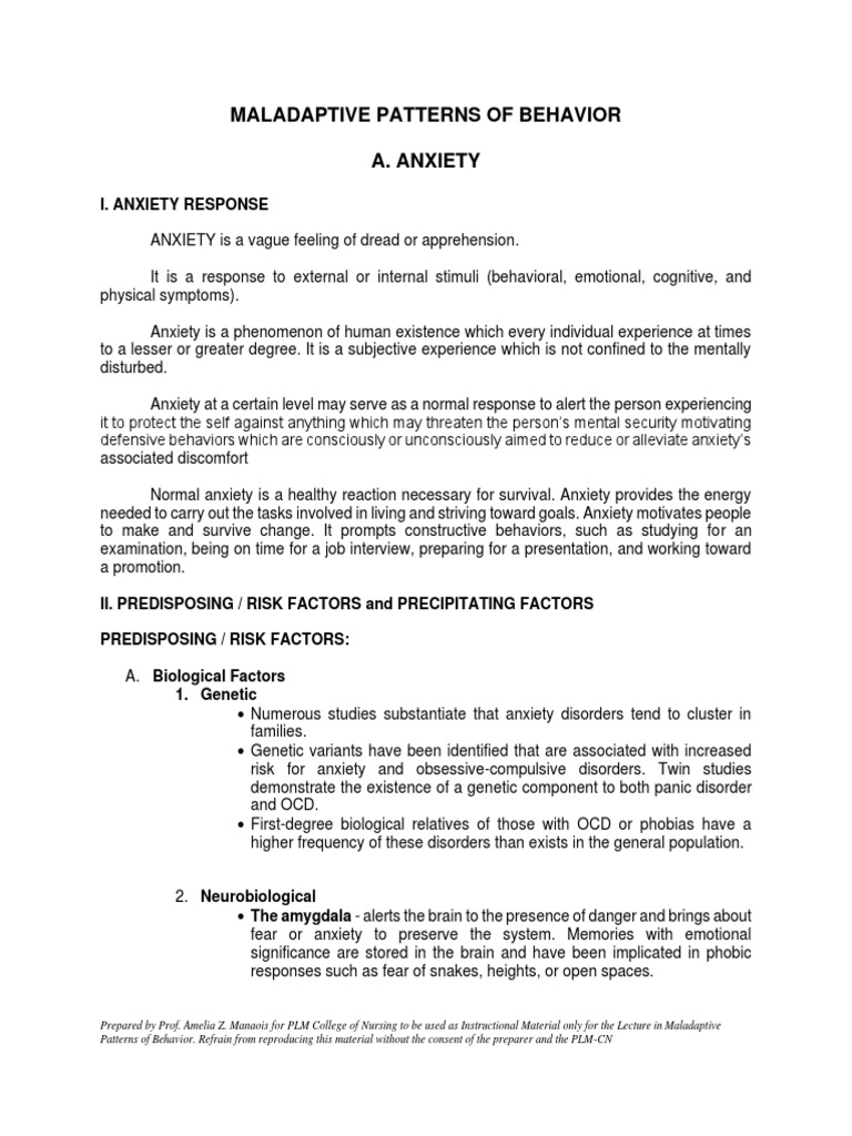 Maladaptive Patterns of Behavior A. Anxiety | PDF | Anxiety Disorder ...