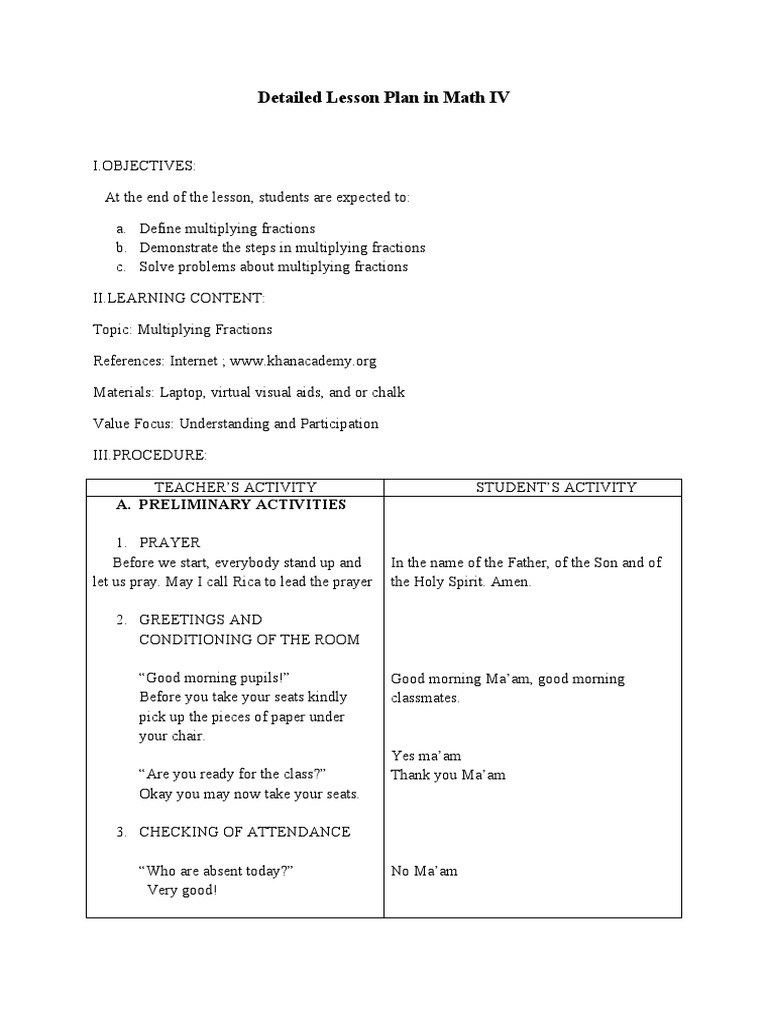 Detailed Lesson Plan in Math IV | PDF | Multiplication | Lesson Plan