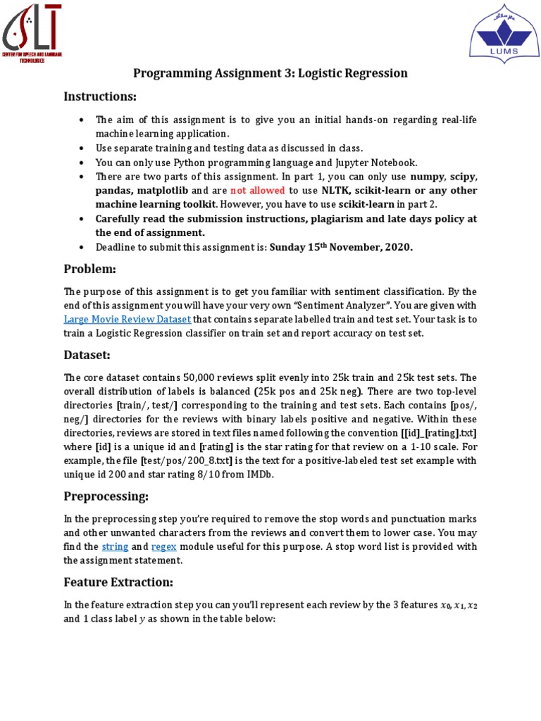 Programming Assignment 3: Logistic Regression Instructions | PDF ...