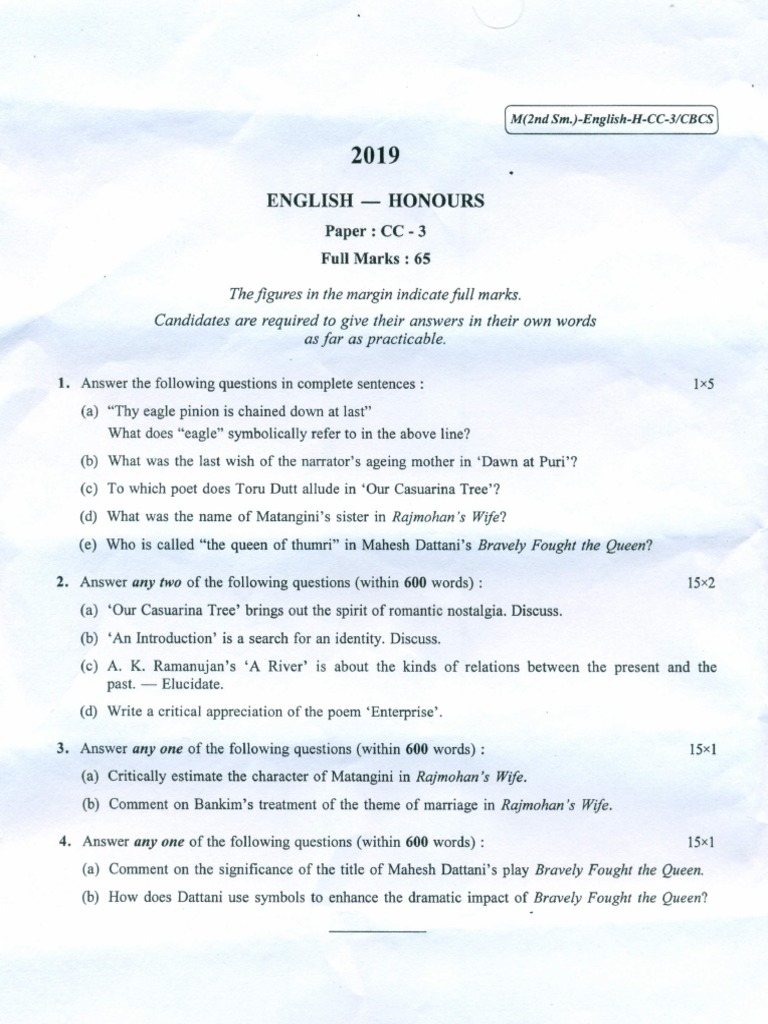 English - H - CC3 (2nd Sem - 2019) | PDF