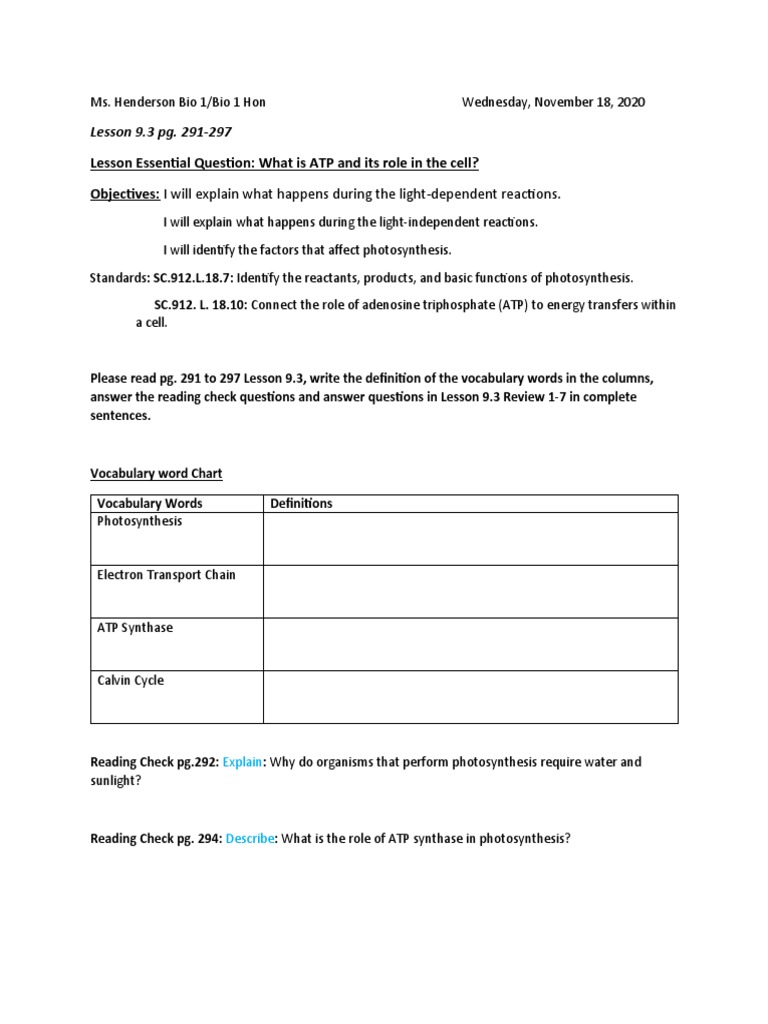 Lesson 9.3 The Process of Photosynthesis | PDF