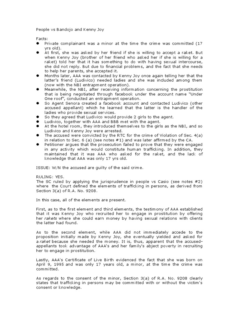 People Vs Bandojo and Kenny Joy | PDF | Human Trafficking | Sexual Slavery