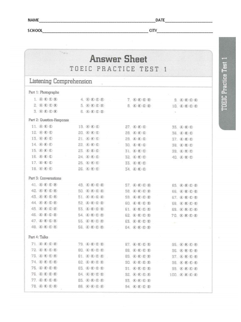 Hoja de Respuesta TOEIC # 1 | PDF