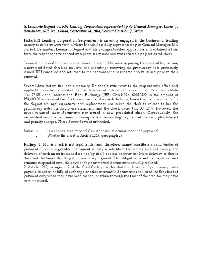 Bognot Vs RPI (Nego) | PDF | Promissory Note | Loans