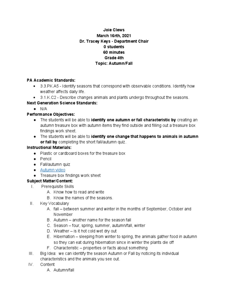 Autumn or Fall Lesson Plan | PDF | Educational Psychology | Learning