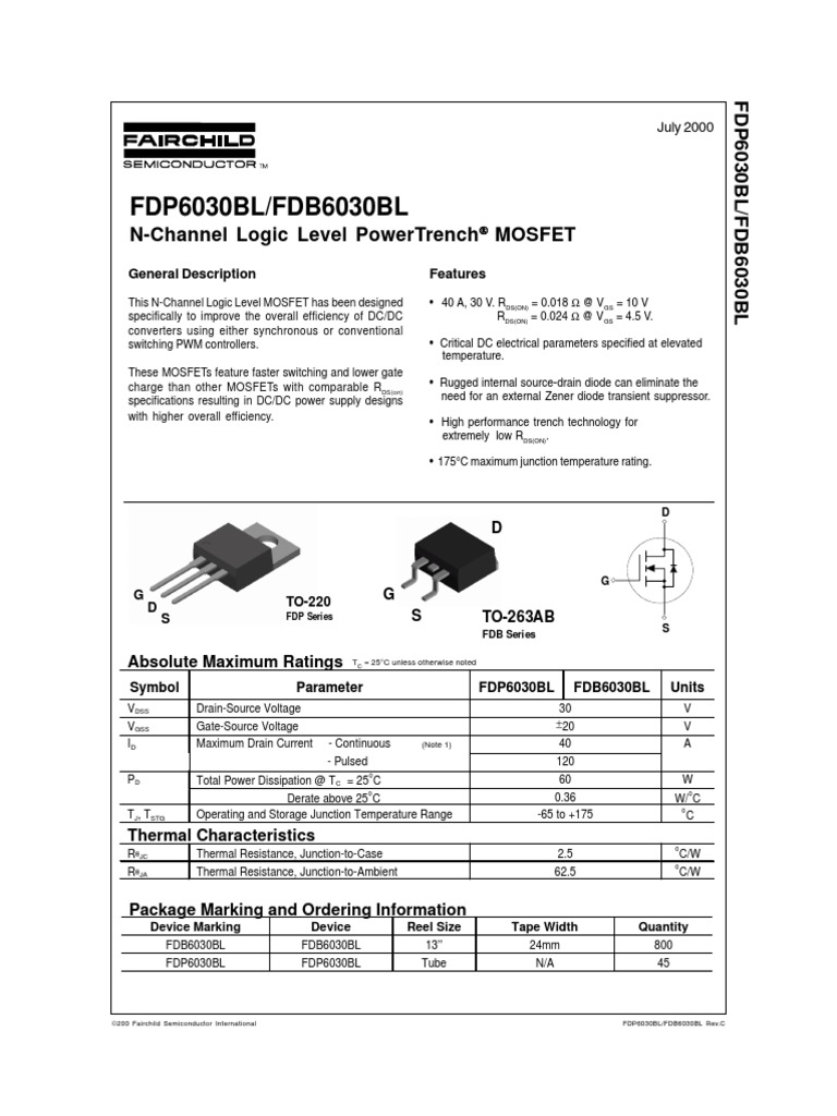 Fdp6030Bl/Fdb6030Bl: N-Channel Logic Level Powertrench Mosfet | PDF ...