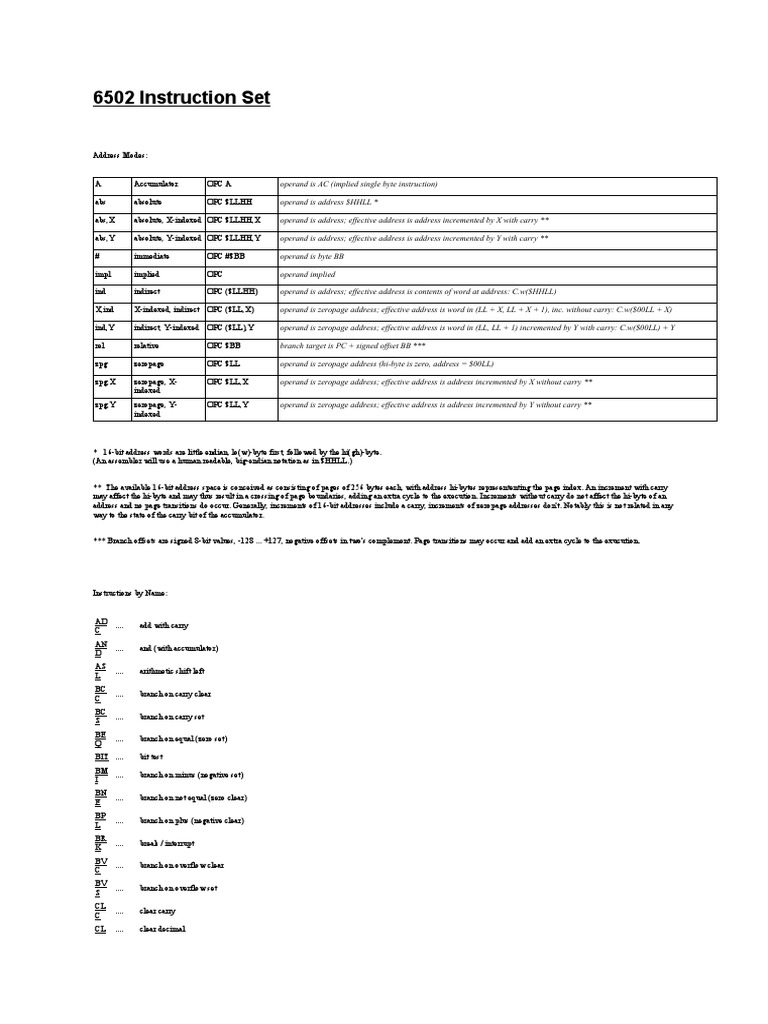 6502 Instruction Set Pdf Computer Science Computer Hardware