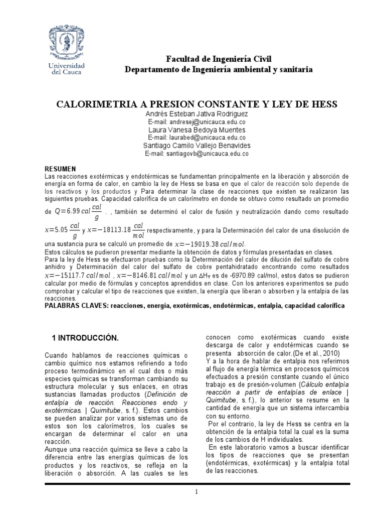 Calorimetría y Ley de Hess en Reacciones | PDF | Reacciones químicas ...