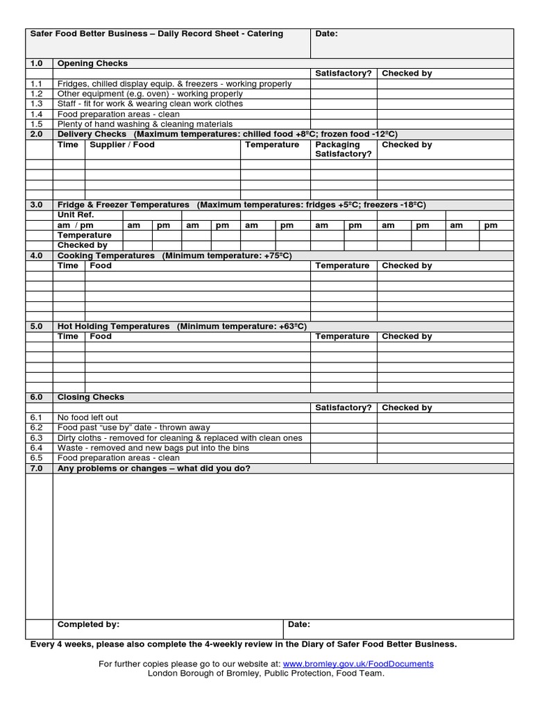 SFBB Daily Record Sheet Catering 2005 | PDF | Refrigerator | Foods