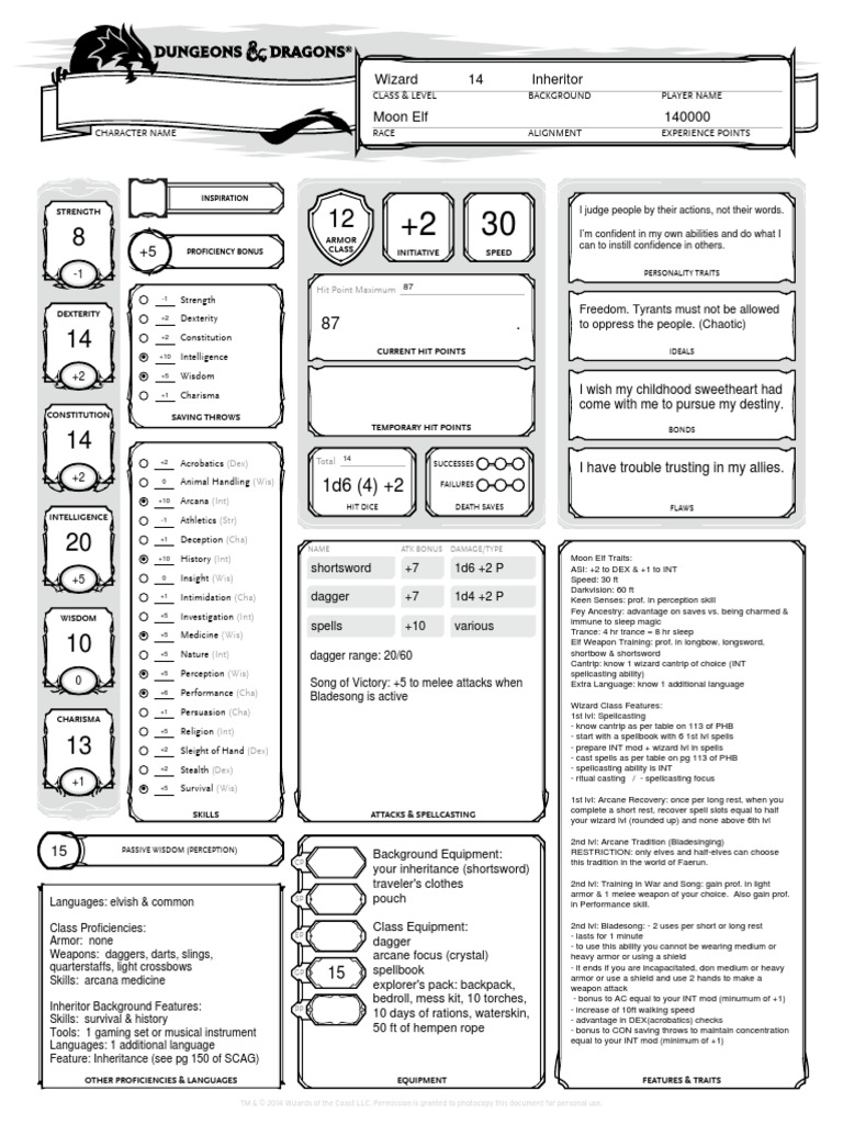 Moon Elf Bladesinging Wizard 14 | PDF | Dungeons & Dragons | Gary Gygax ...