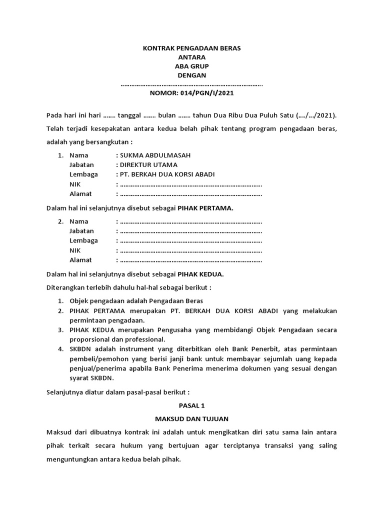 Draft Kontrak Beras SKBDN 01 TSK | PDF