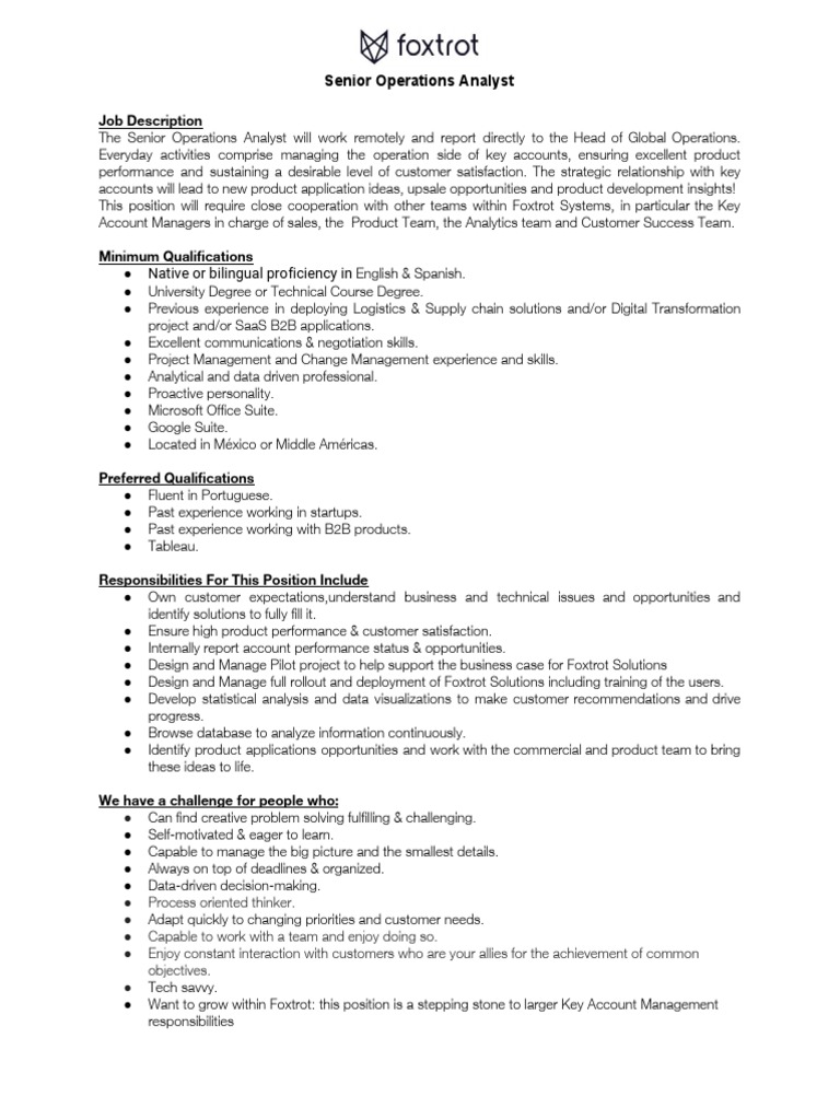 Senior Operations Analyst Job Description | PDF | Analytics | Business