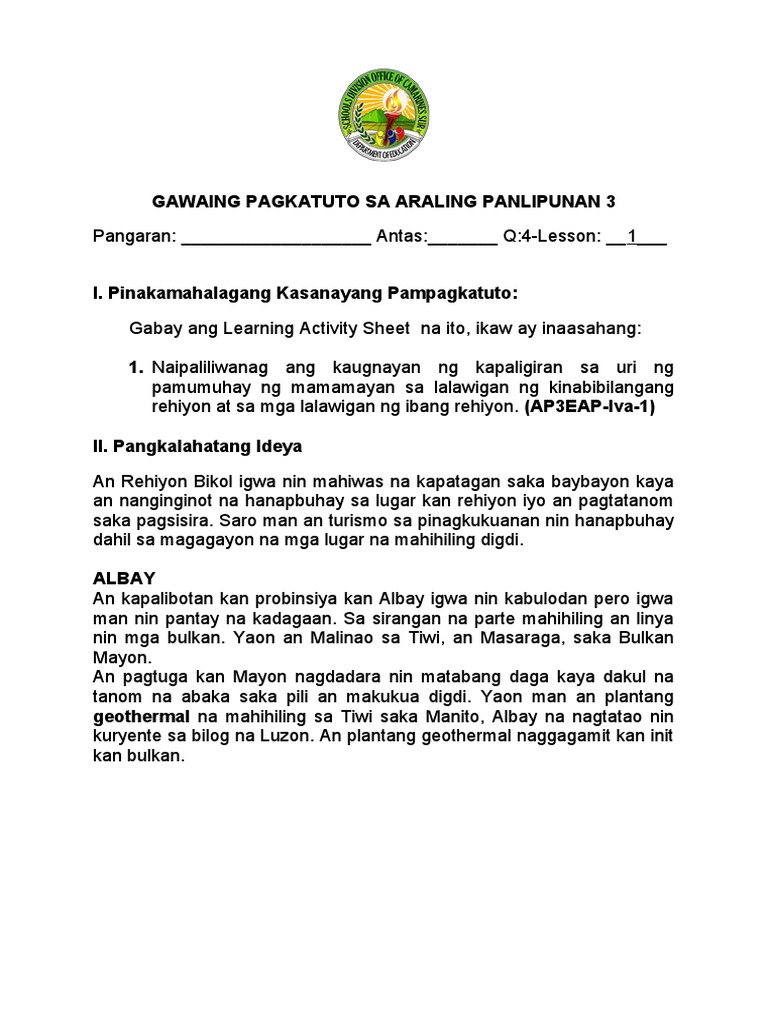 LAS-AP3-Q4-WEEK-1 - Bicol | PDF