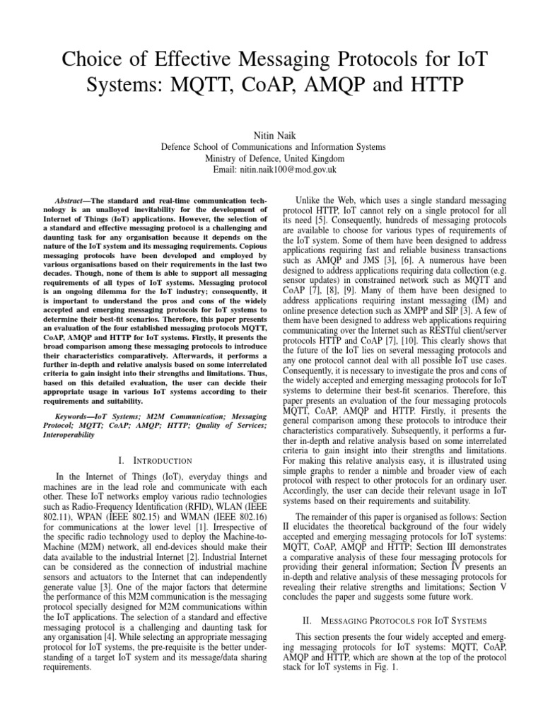 Choice of Effective Messaging Protocols For Iot Systems: MQTT, Coap, Amqp and HTTP | PDF ...