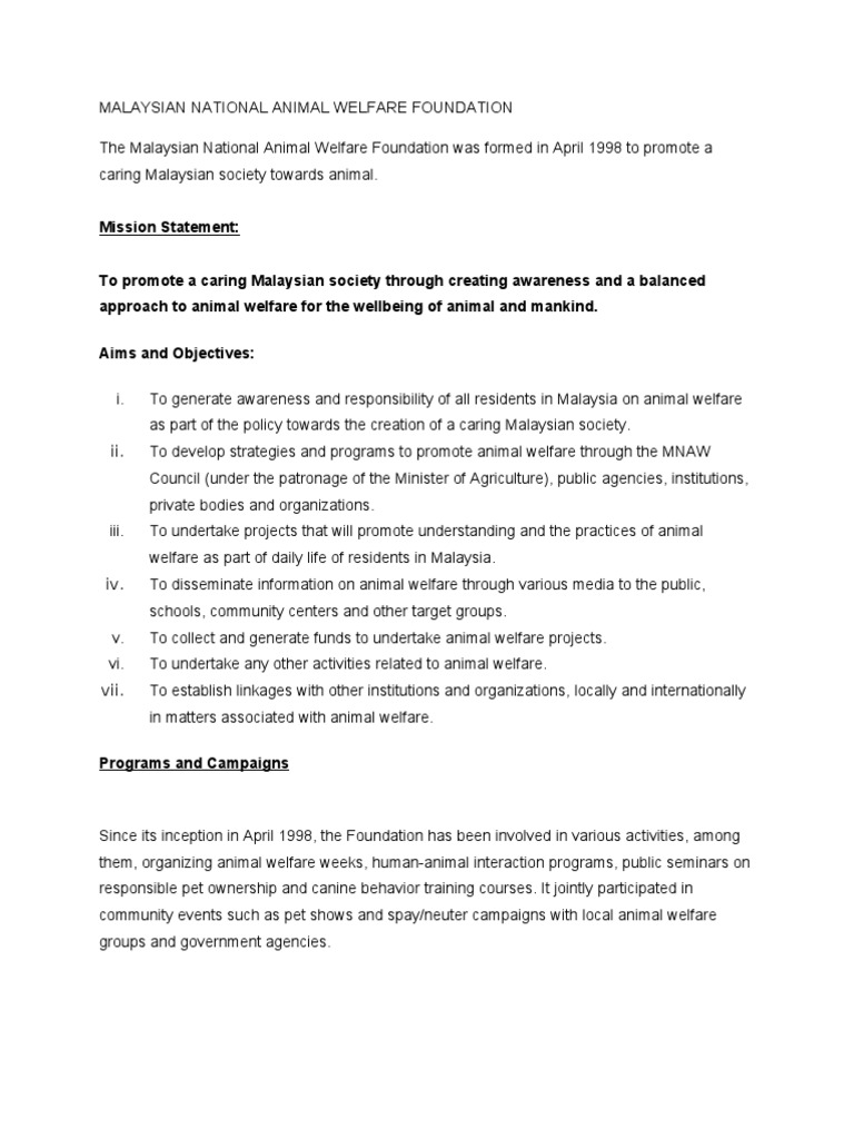 Malaysian National Animal Welfare Foundation | PDF | Animal Welfare | Pet
