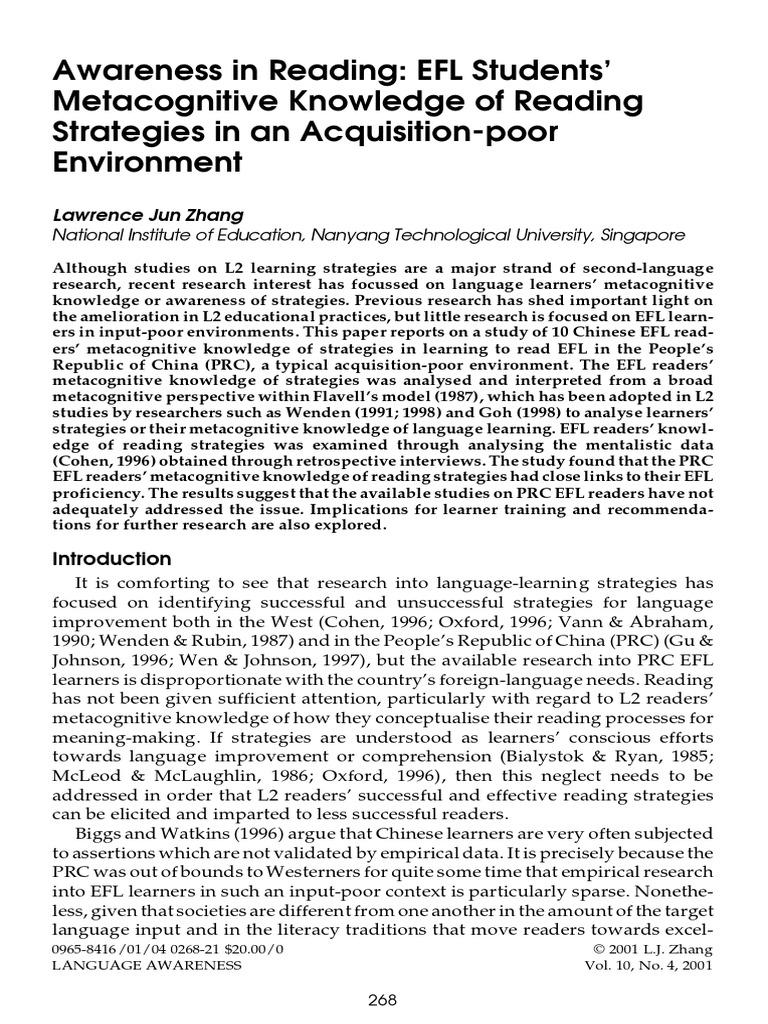 Awareness in Reading EFL Students Metaco | PDF | Metacognition ...