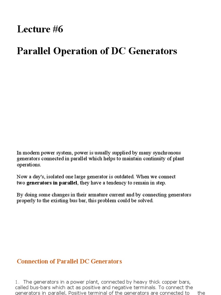 Parallel Operation of DC Generators | PDF | Electric Generator | Series ...