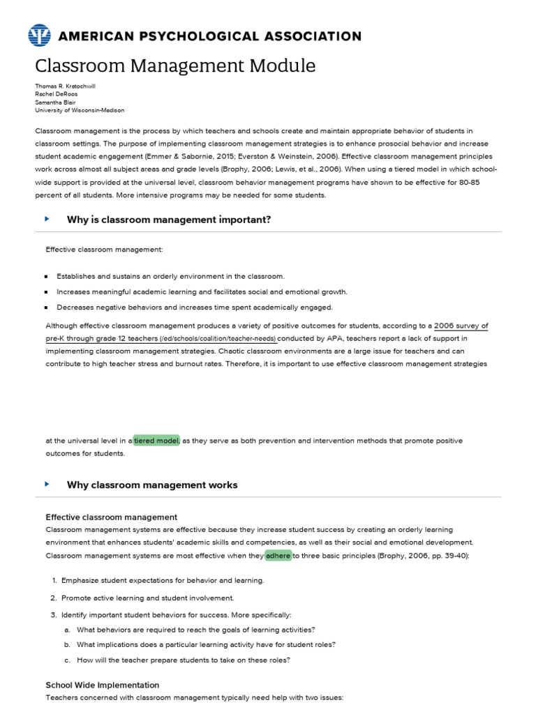 Kratochwill DeRoosbBlair Classroom Management Teachers Modules | PDF ...