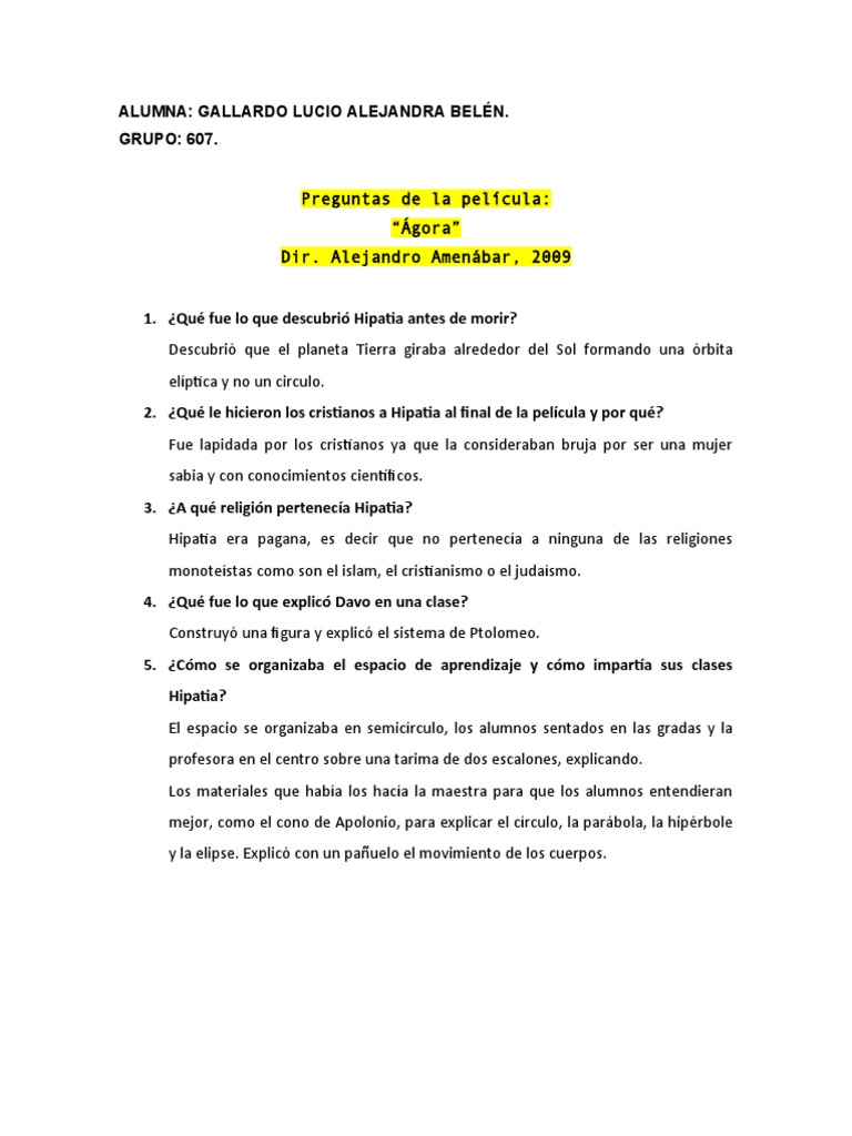 Preguntas de La Película Ágora - Gallardo - AlejandraBelen - 607 | PDF