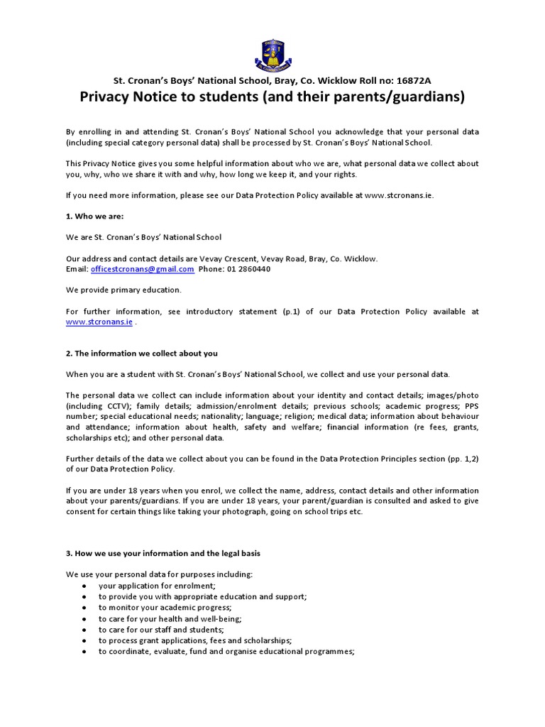 St. Cronan's School Privacy Notice | PDF | Information Privacy | Privacy