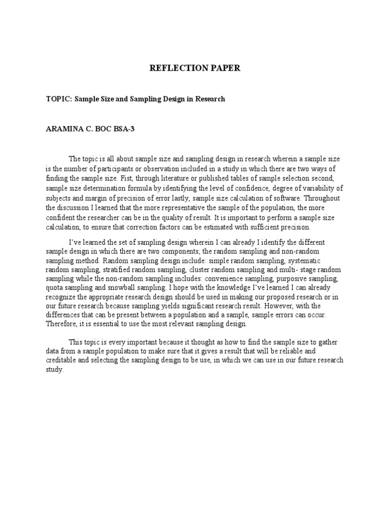 Reflection Paper: TOPIC: Sample Size and Sampling Design in Research | PDF