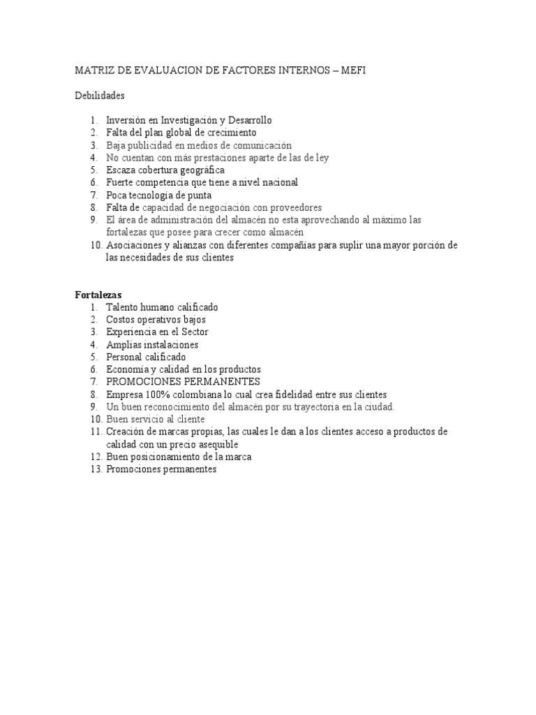 Matriz de Evaluacion de Factores Internos - Mefi | PDF | Las compras en línea | Calidad (comercial)