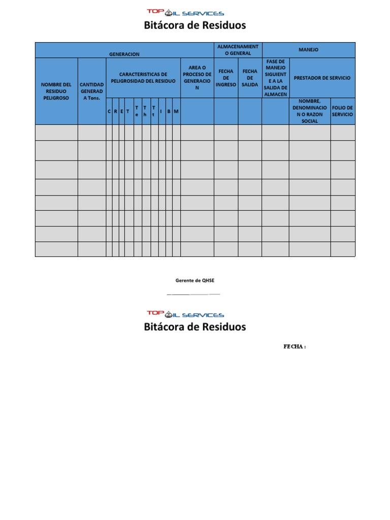 Bitacora de Residuos Peligroso | PDF | Cuestiones ambientales | Residuos