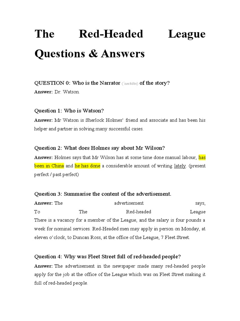 Questions and Answers | Download Free PDF | The Red Headed League