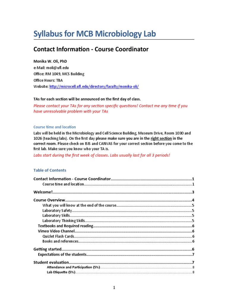 Syllabus For MCB Microbiology Lab: Contact Information - Course ...