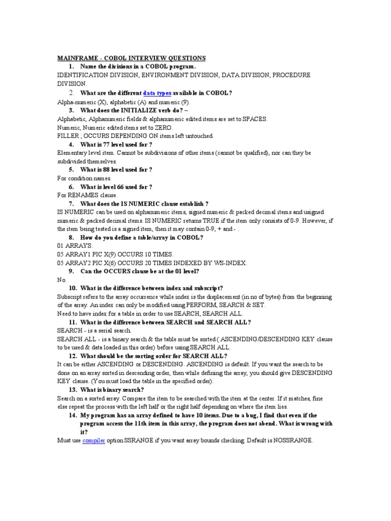 Mainframe Cobol Interview Questions 1 Name The Divisions in | PDF ...