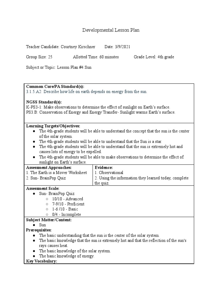 Developmental Lesson Plan: Common Core/PA Standard(s) | PDF | Sun | Stars