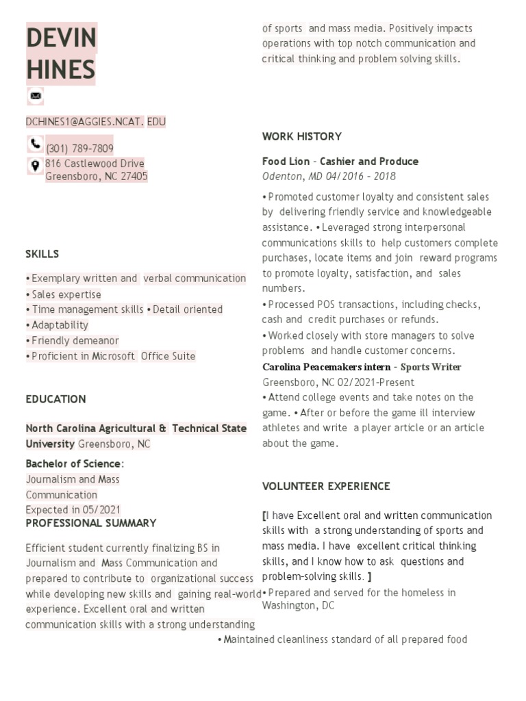 Devin Hines Resume-2 | Download Free PDF | Communication | Human Nature