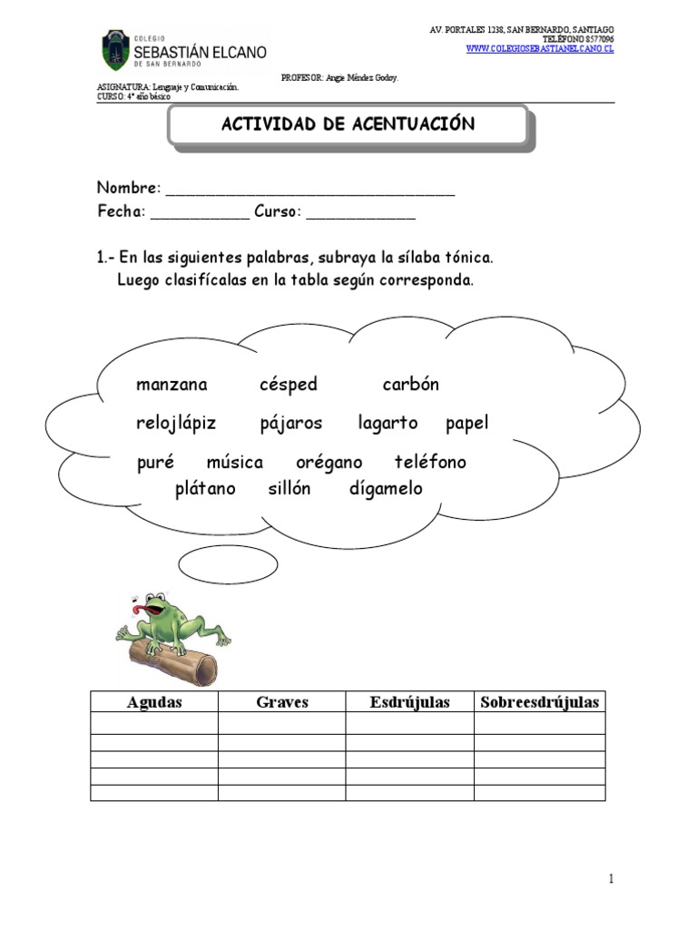 Actividades de Acentuación 4° Básico | PDF | Estrés (lingüística ...