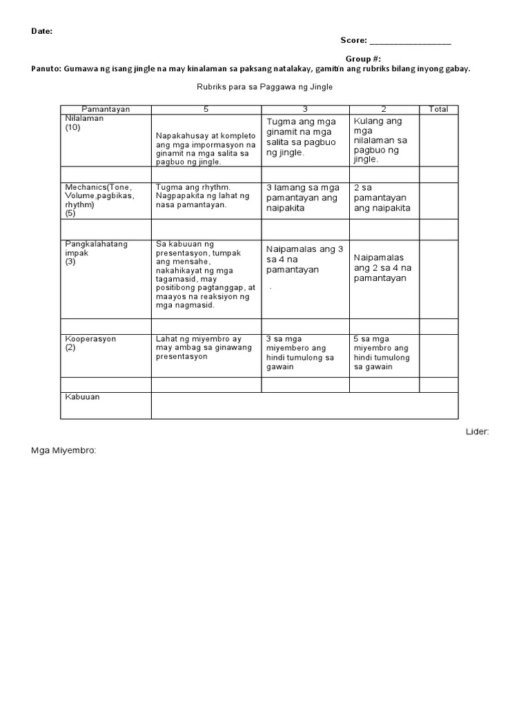 Rubriks Sa Paggawa Ng Jingle | pagsulatizen
