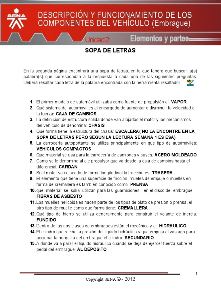 Sopa de Letras Componentes Vehiculo | PDF | Embrague | Transmisión ...