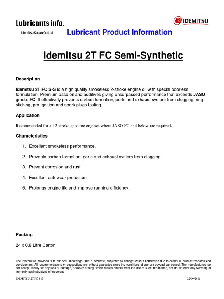 Idemitsu 2T FC Semi-Synthetic: Lubricant Product Information | PDF ...