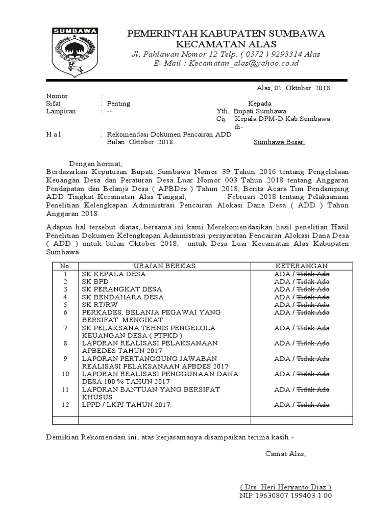 Contoh Rekomendasi SILTAP - BARU | PDF