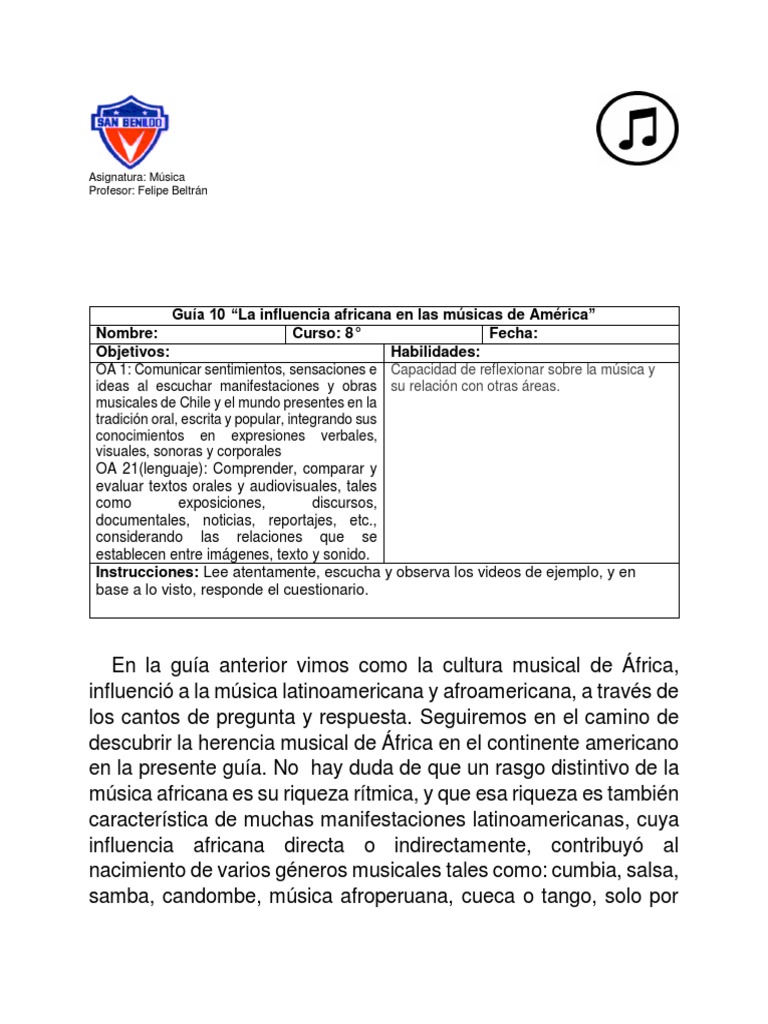 Guía 10 8vo Música - Influencia Africana en Las Músicas de América II ...